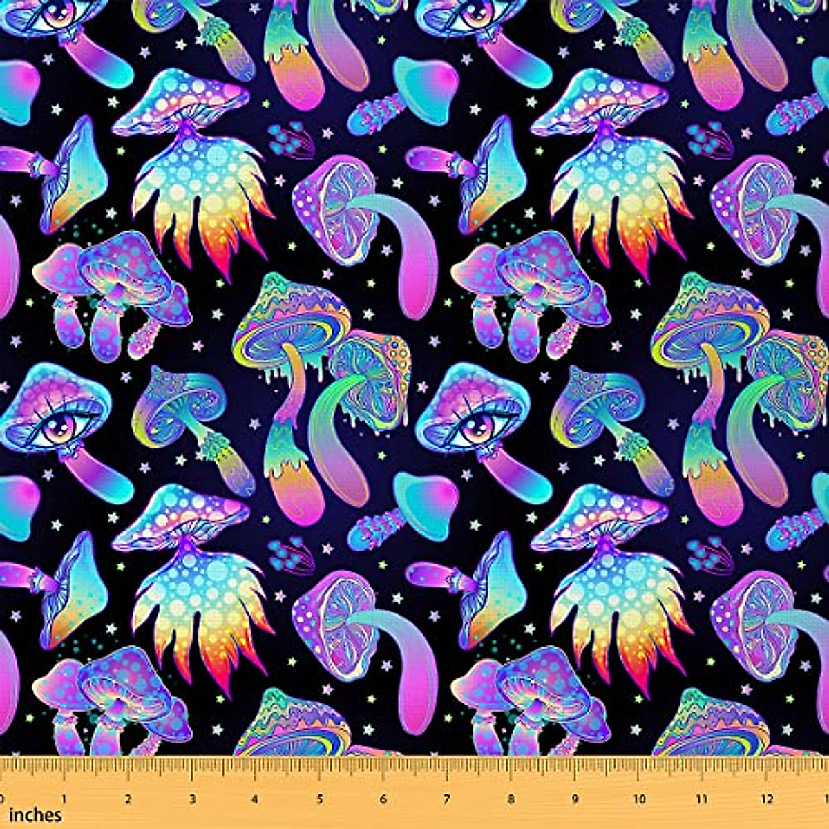 Mushroom Upholstery Fabric,Kawaii Trippy Botanical Fabric by The Yard Psychedelic Plant Indoor Outdoor Fabric for Kids Girls Teens Women Cartoon Cute Mushroom Fabric, DIY,Black 1 Yard