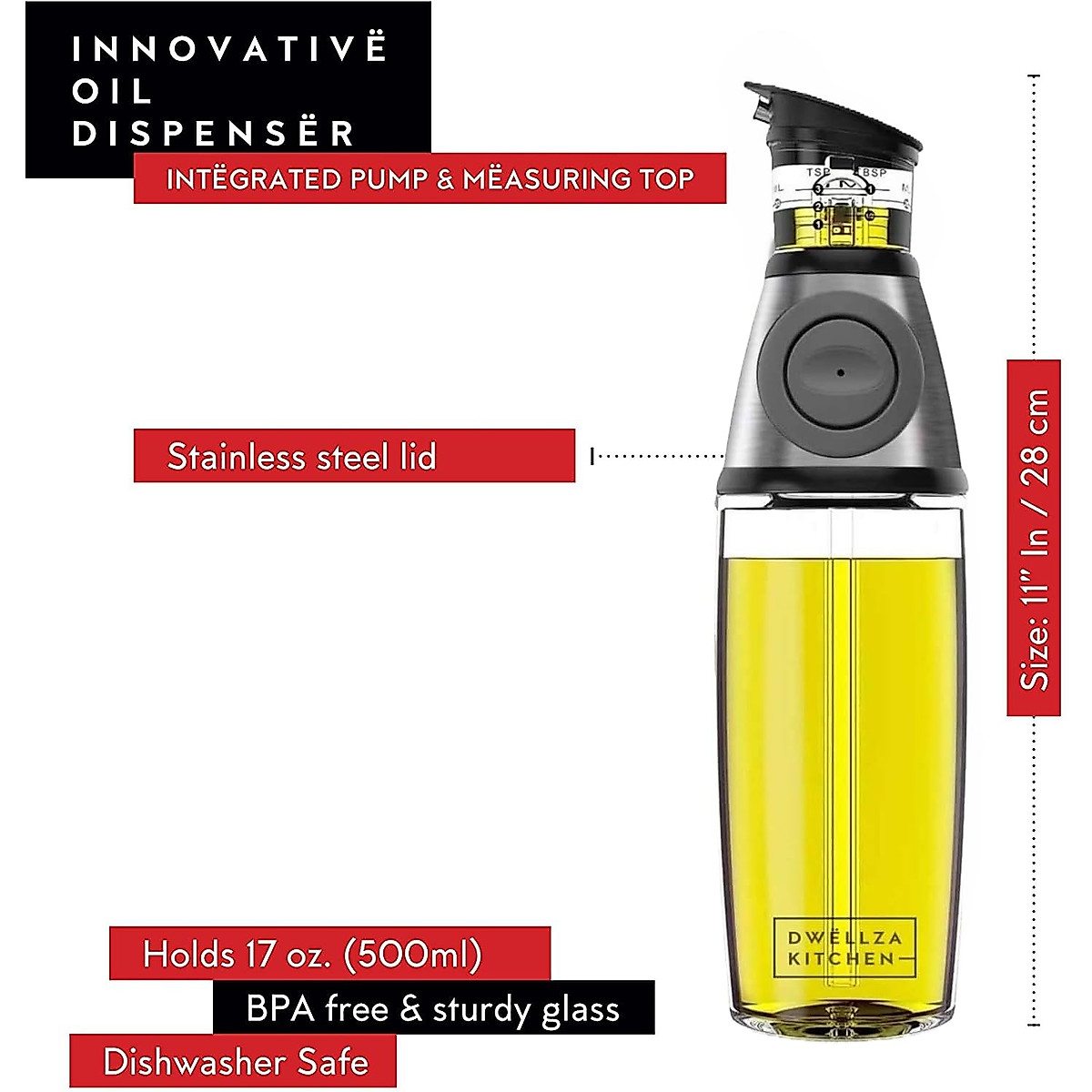 DWËLLZA KITCHEN Olive Oil Dispenser Bottle for Kitchen and Olive Oil Sprayer for Cooking Set – Olive Oil Sprayer Mister 6 OZ and Glass Oil Bottle 17 OZ with Measuring Pump Drip-Free Stainless Spout