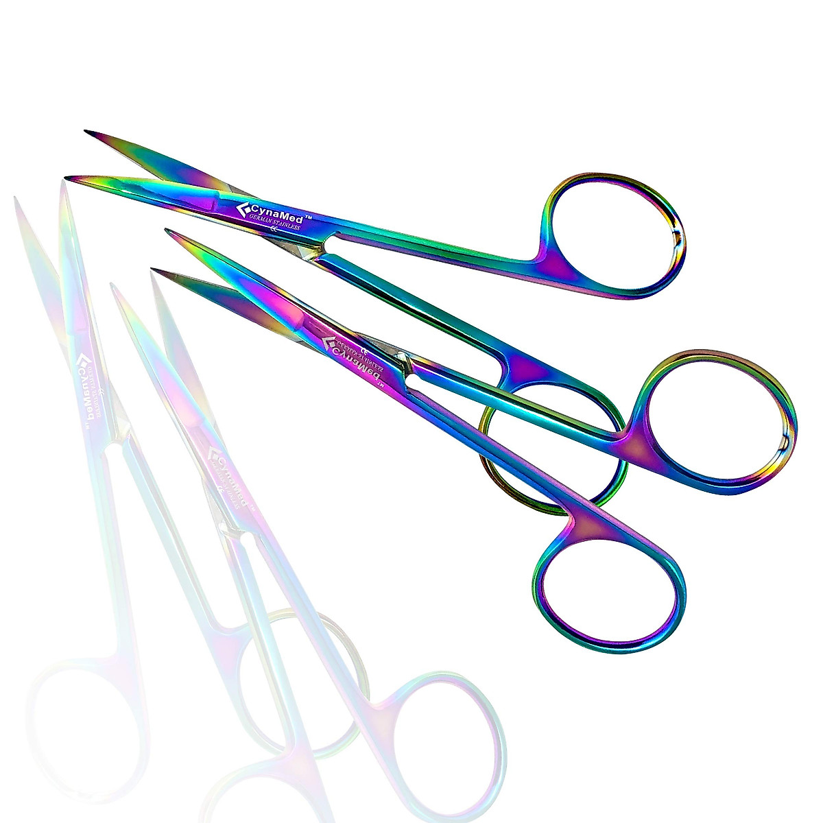 Cynamed Set of 2 Iris Micro Dissecting Scissors with Multicolor/Rainbow Titanium Coating Premium Quality Instrument - Perfect for Fine Precision Tissue Dissection Suture Removal (Straight and Curved)