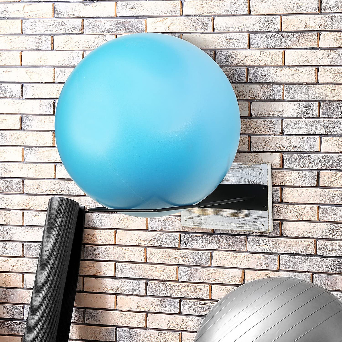 MyGift Rustic White Washed Wood and Black Metal Wire Wall Mounted Large Stability Ball Storage Rack, Yoga Studio and Gym Exercise Ball Equipment Organizer