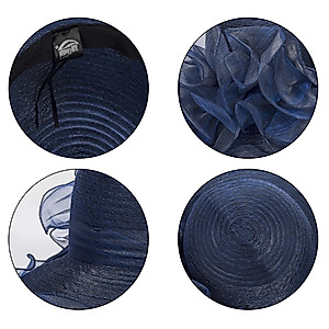 Women Organza Sun-Hats Wide-Brim Church-Hats for Tea Party Bridal Wedding Dress Hat Navy