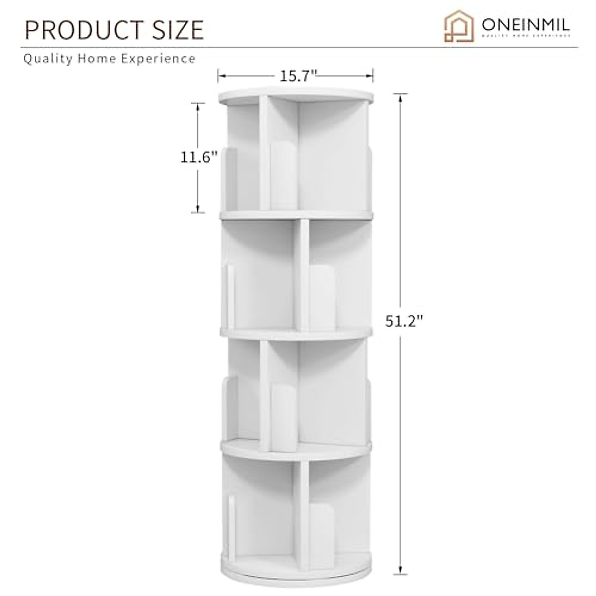 oneinmil 360° Rotating Bookshelf, Small Corner Bookcase with Small Footprint, 4 Tier Standing Bookcase for Kids&Adults, Wood Bookshelf Designed for Living Room, White