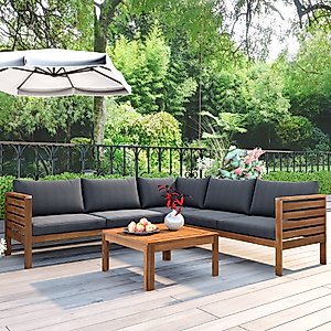 Outdoor Patio Furniture Sofa Set, 4 Piece Outdoor Conversation Sofa Set Wooden Sectional Sofa Set with Seat Cushions and Wooden Coffee Table, Cushioned Sofa Set for Outdoor Indoor