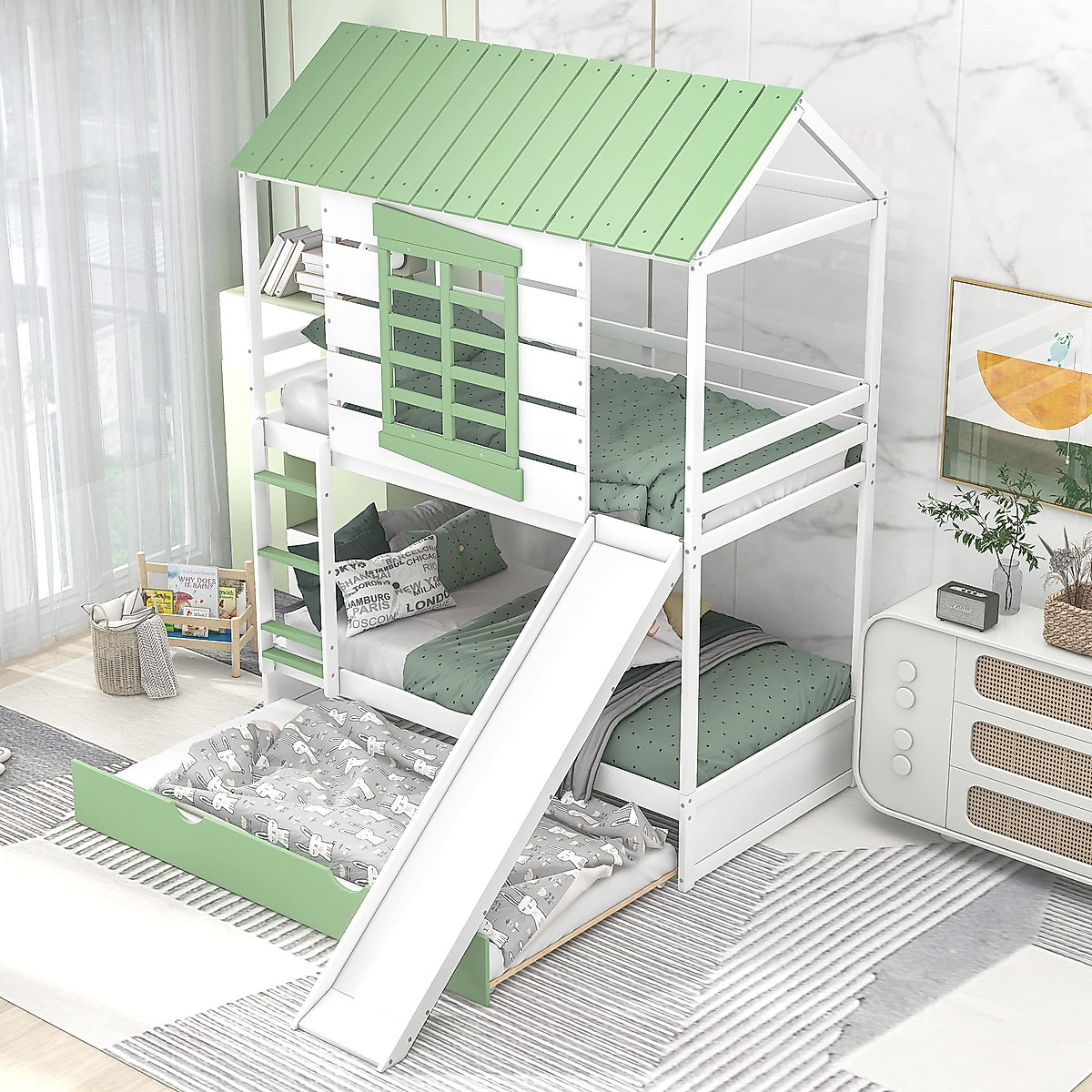 MERITLINE House Bunk Bed with Slide for Kids,Twin Over Twin Bunk Bed with Trundle and Ladder,Wood Bunk Bed Frame with Roof and Window Design, for Kids Girls Boys(White+Green)