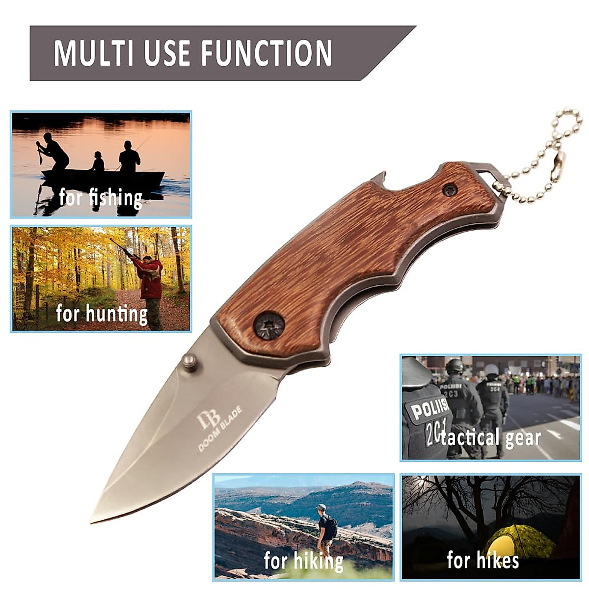 DOOM BLADE Folding Pocket Knife with Wood Handle,7Cr13Mov Hard Steel Blade,Hunting EDC Knife Multi-tool Survival Knife with Keychain and Bottle Opener,Lightweigt,for Outdoor Camping (Type-2)