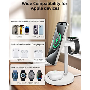 FutureCharger for MagSafe Charger Stand - 3 in 1 Wireless Charging Station for Apple Devices, for iPhone 15/14/13/12 Series, for iWatch/Airpods, Aluminum Alloy Rod, Leather Pad, White