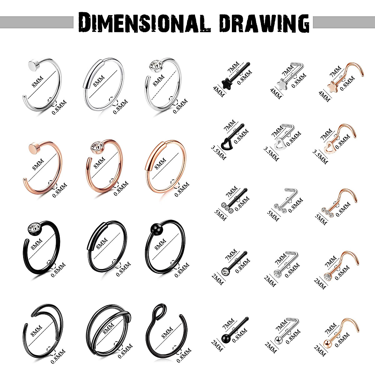 Drperfect 20G Nose Rings for Women Men Nose Piercing Jewelry Stainless Steel Nose Hoop L Shaped Screw Bone Nose Stud Silver Rose Gold Black Nose Ring Set