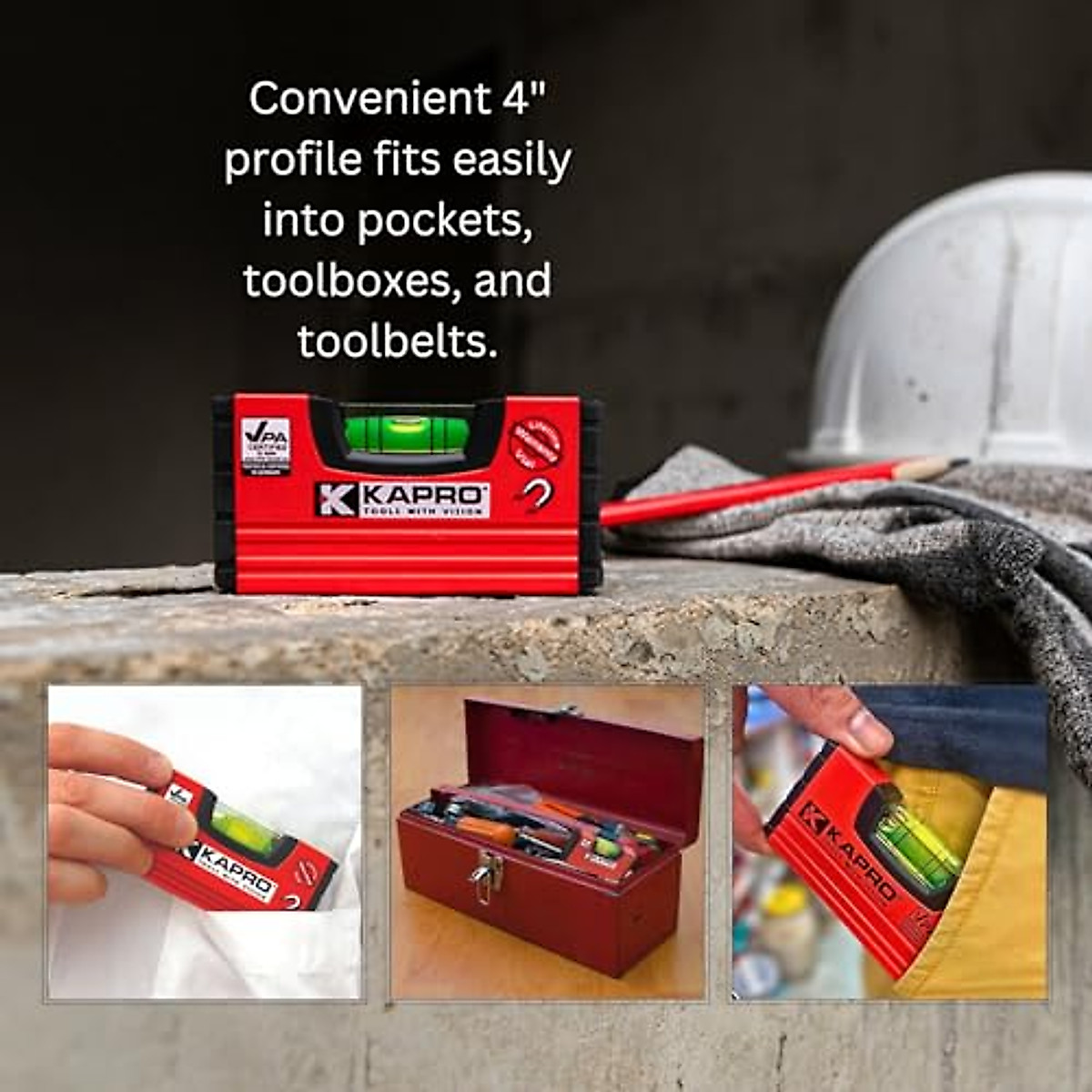 Kapro - 246 Handy Pocket Level - Magnetic - Features VPA Certified & Shock-Resistant Vial - with Rubber End Caps - Pocket-Sized and Compact - Aluminum Box Profile - 4”
