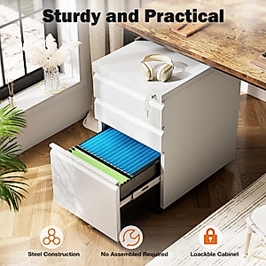 Sweetcrispy File Cabinet - 3 Drawer File Cabinet with Lock, Mobile Rolling File Cabinet, Under Desk File Cabinet with Pre-Assembled, Metal Small File Cabinet for Home Office