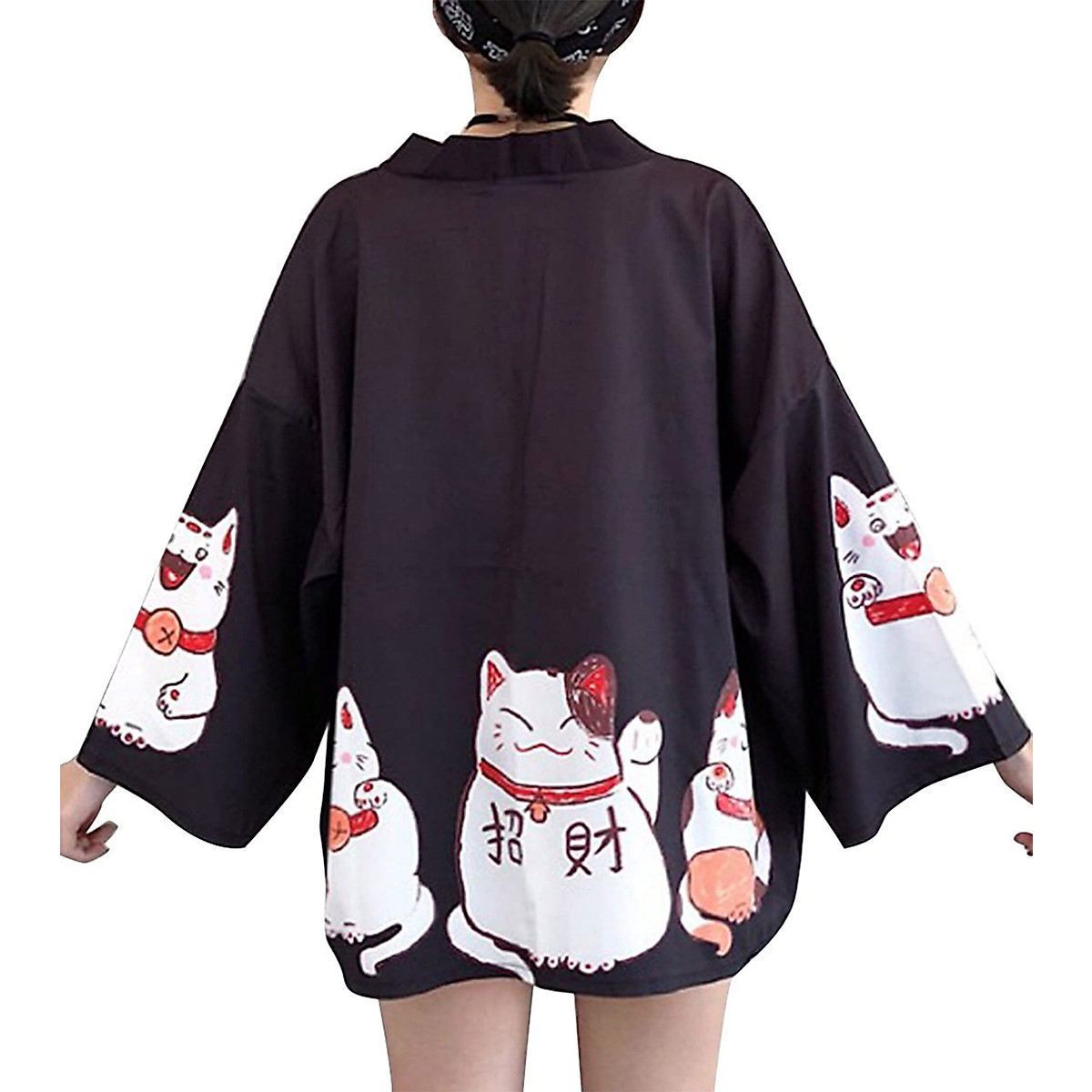 LAI MENG FIVE CATS Women's Lucky Cat Cardigan Kimono Loose Cover up Casual Blouse Cute Tops