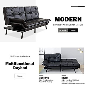 Vyfipt Futon Bed/Couch,Black Faux Leather Memory Foam Small Splitback Convert Backrests&Armrests,Easy to Clean Sofas, 71x33x31.5IN
