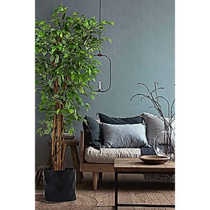 Deluxe 6 Feet Tall FICUS Silk Leaf Artificial Tree + 8" Base + 12" Plant Pot Skirt. 18 Feet of Vine Adorn Wide Real Trunks with Green Leaves Allowing Maintenance Free in-Door and Outdoor Use