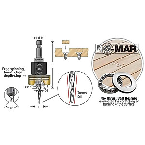 Amana Tool 55151 Carbide Tipped 82 Degree Countersink with Tapered Drill and Adjustable Depth Stop with No-Thrust BB 3/8 D x 1/8 Drill D x 1/4 Inch Quick Release Hex SHK