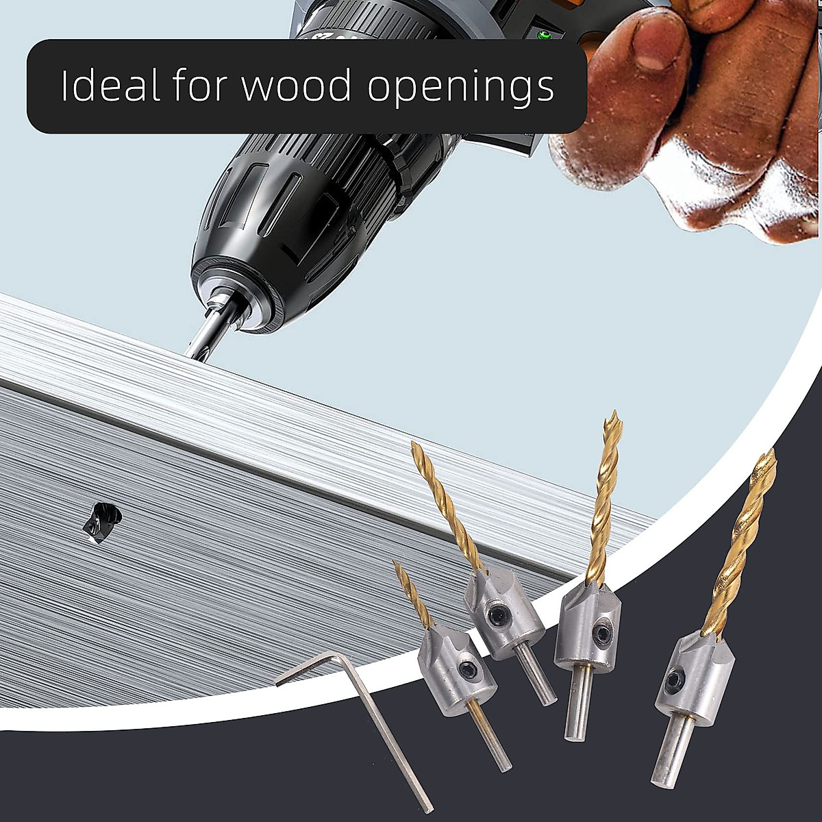 Pteanecay Titanium Coated Countersink Drill Bit Set Woodworking Carpentry Reamer Tool Set with Hex Key Wrench,4 PCS