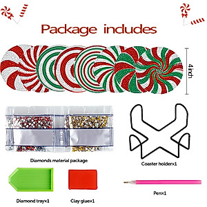 8 Pieces Christmas Candy Diamond Coasters with Holder 5D DIY Christmas Candy Diamond Art Coasters for Drinks Diamond Arts Kits for Christmas Holiday Gift