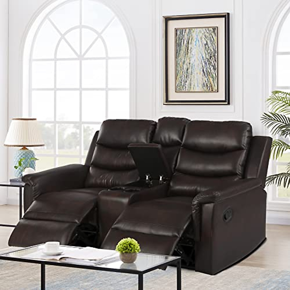 FULife 2 Seaters Manual Wall Hugger Chair RV Sofa Loveseat Sofá,PU Leather Double Reclining Sectional Couch with Cup Holders&Center Console for Living Room/Apartment/Office/Theater