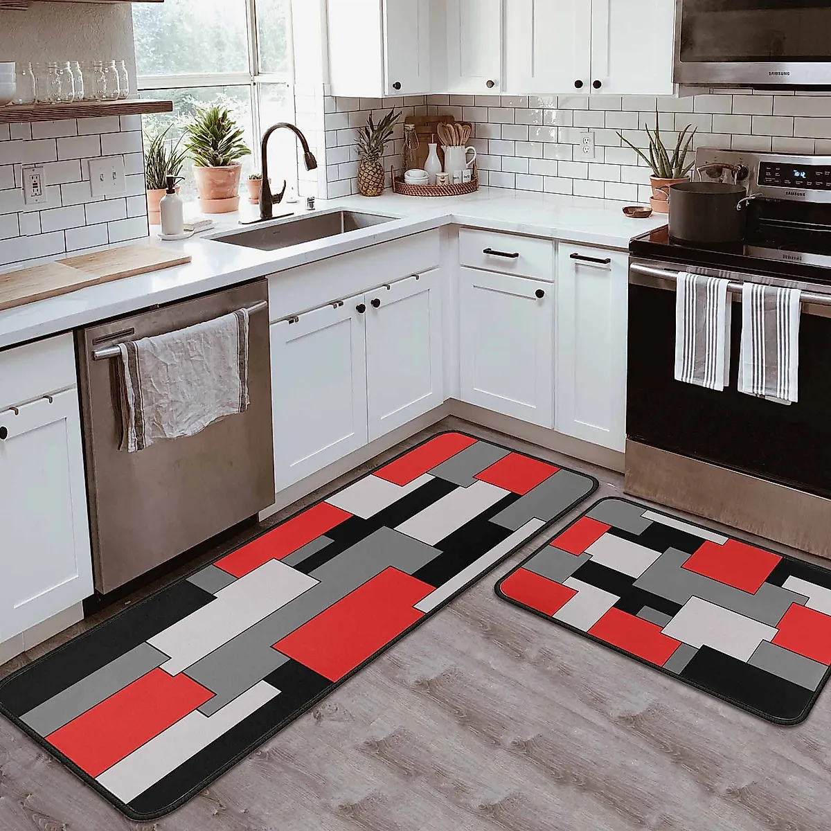 Kitchen Rugs Set of 2- Red, Black, and Grey Modern Geometric Non-Slip Washable Floor Mats - Comfort Sink and Laundry Room Runner - Contemporary Abstract Art Design Decor 17x47.2 and 17x30 inches