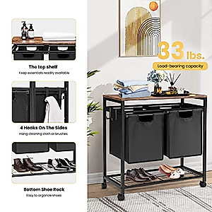 VIVOHOME Pull Out Laundry Hamper, 2-Compartment Laundry Basket with Shelf and Wheels, 2 x 30L Removable 600D Oxford Fabric Laundry Bags, Rustic Brown and Black