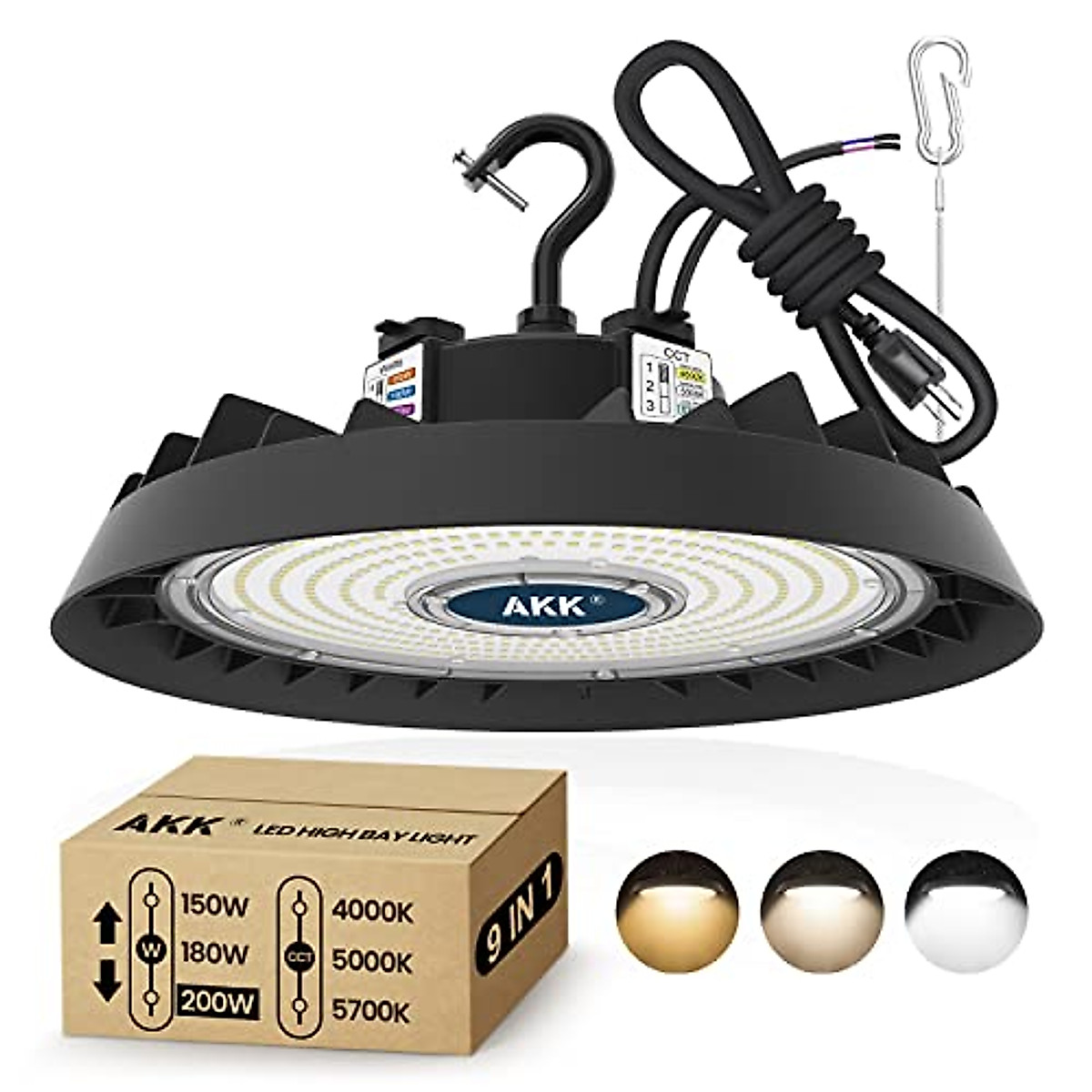 AKK 200W LED High Bay Light 180W 150W Tunable, 3 Color Switchable 30000LM UFO LED High Bay Light(Eqv. 900W MH/HPS), 1-10V Dimmable High Bay LED Lights, US Plug 5' Cable, 100-277V for Factory Warehouse