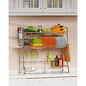 Ace Teah Over The Sink Dish Drying Rack 2-Tier Large Over Sink Dish Rack for Kitchen Organizer, Above Sink Dish Drainer Stainless Steel with Utensil Holder Hooks, Silver