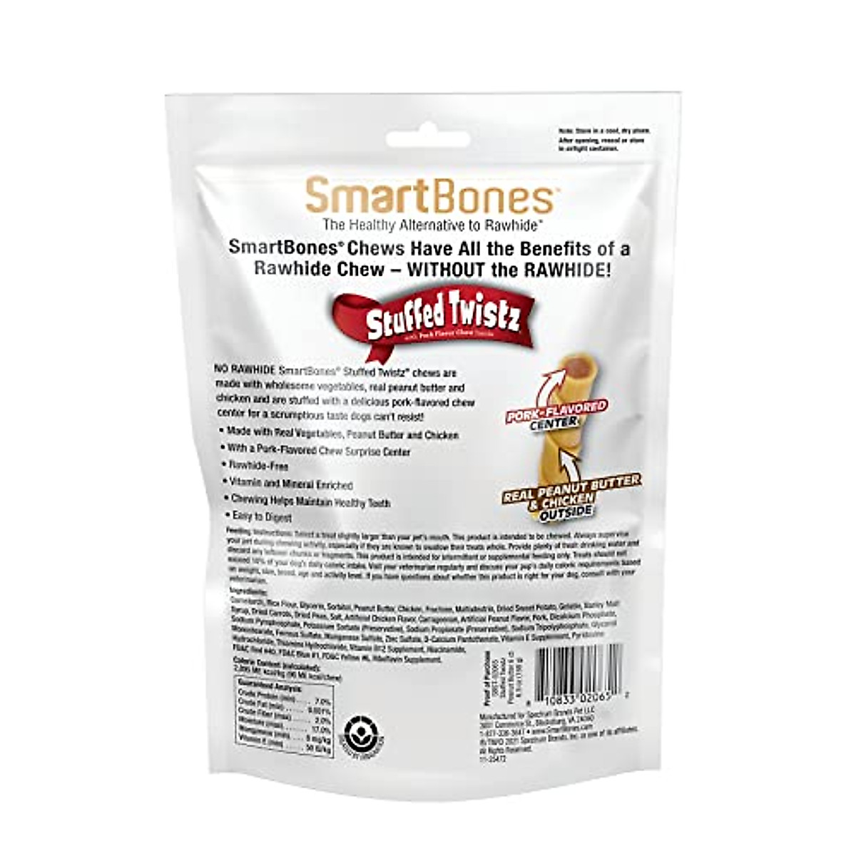 SmartBones Stuffed Twistz with Peanut Butter, Rawhide-Free Chews for Dogs Stuffed with Pork Flavor, 6 Twistz