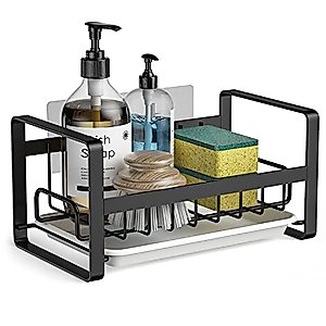 MFTEK Sink Caddy Kitchen Sponge Holder, Soap Holder Tray for Kitchen Sink Countertop, 304 Stainless Steel Soap Dispenser Brush Drainer Rack Organizers with Removable Drain Tray