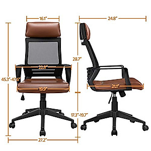 Yaheetech Executive Office Chair, Ergonomic High Back Leather/Mesh Desk Chair with Headrest and Lumbar Support, Swivel Chairs on Wheels/Castors for Home Office, Brown