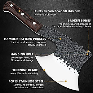 Handmade Meat Cleaver Axes Shape Forged Heavy Duty High Carbon Butcher Knife Boning Breaker Vegetable Butcher Chopper Cutting Chef Knife with Cover for Kitchen Outdoor BBQ (Black)