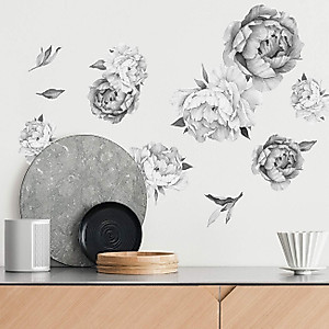 Peony Watercolor Wall Decals (Black and White Watercolor) - Peony Decor Flowers Wall Decals - Botanical Bedroom Wall Decals - Floral Peonies Grey Wall Stickers with Test Sample