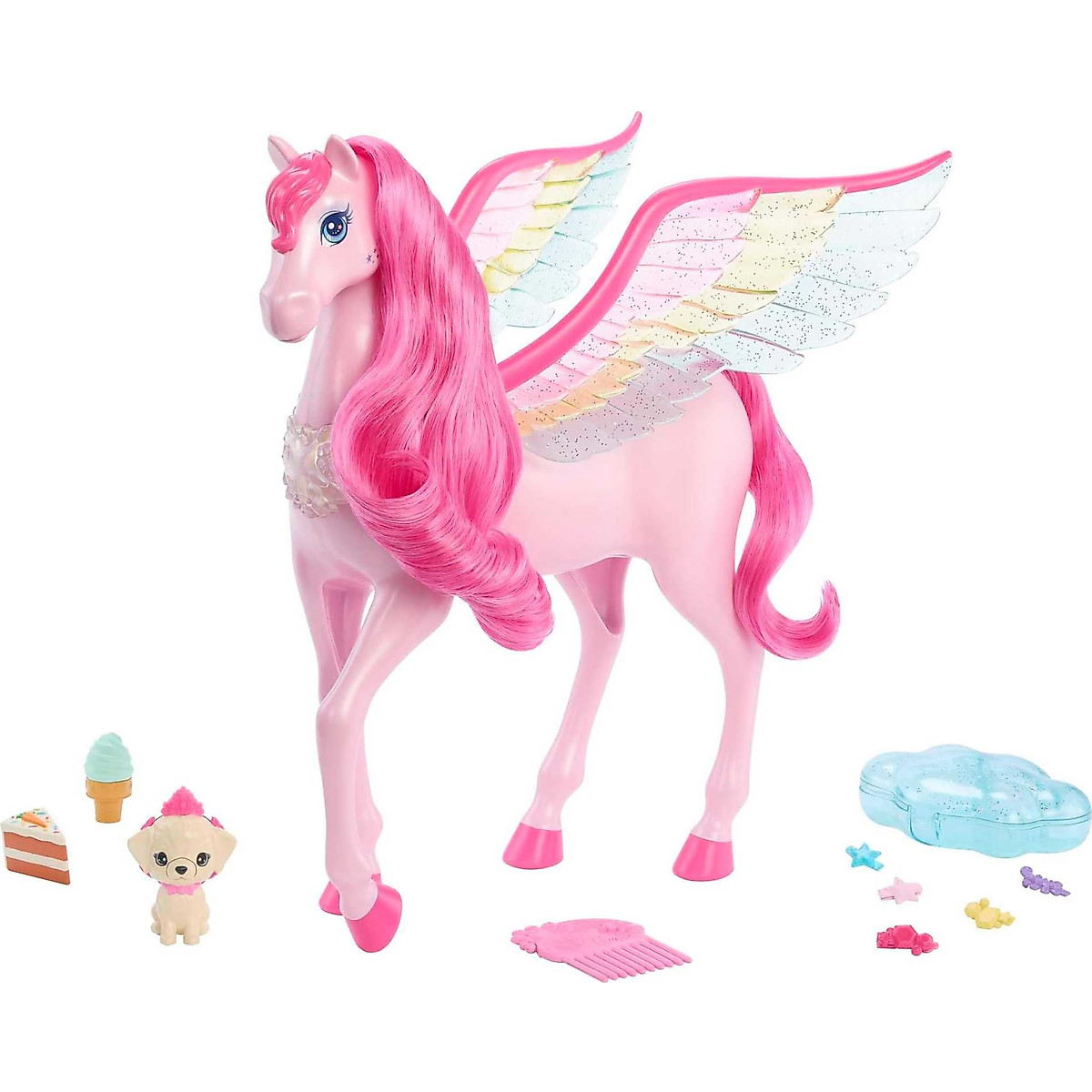Barbie Doll Toys, Pegasus Pink Winged Horse Toy with 10 Accessories Including Puppy & Barrettes, Inspired A Touch of Magic