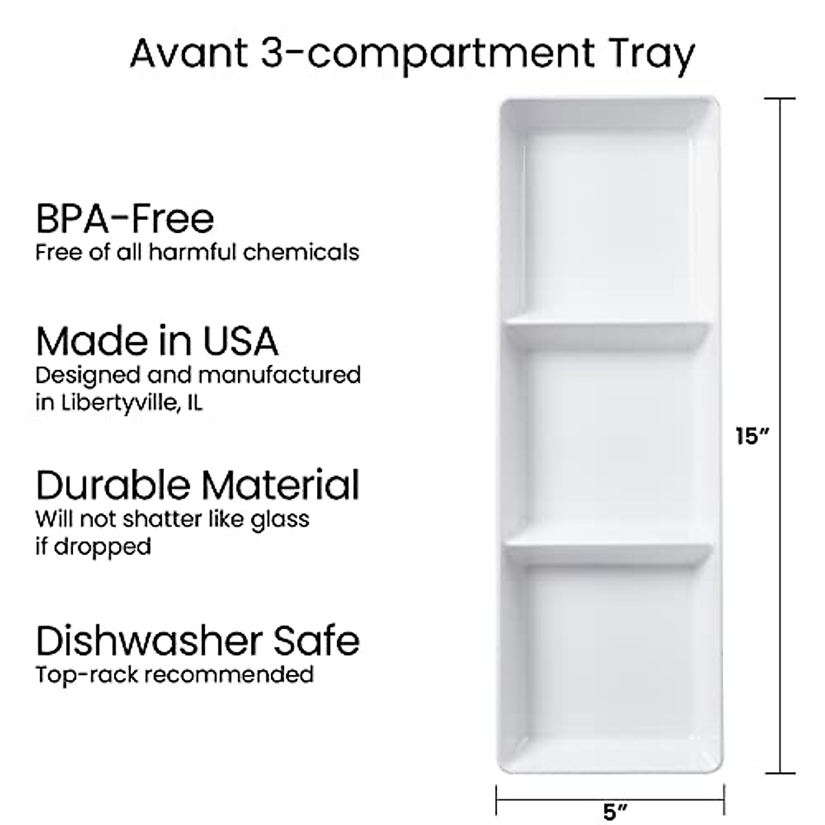 US Acrylic Avant White Plastic Divided Serving Trays (Set of 4) 15” x 5” | Narrow Reusable 3-Section Party Platters | Serve Appetizers, Fruit, Veggies, & Desserts | BPA-Free & Made in USA