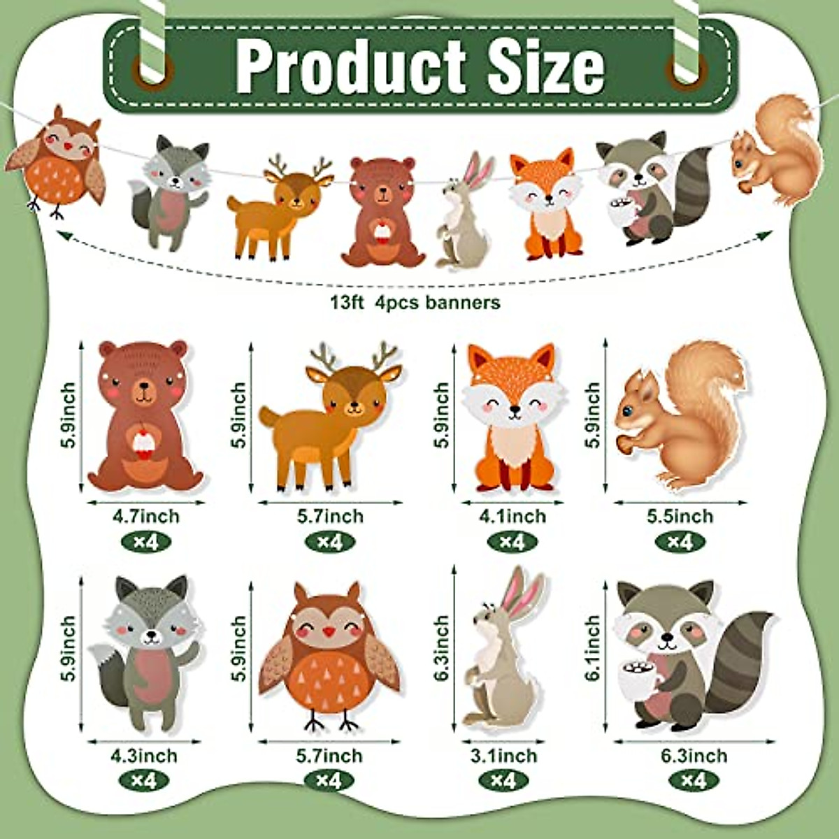 4 Pcs Woodland Animals Banner Assembled Forest Animal Bunting Banner Wild Creature Kids Birthday Party Supplies for Baby Shower Decoration