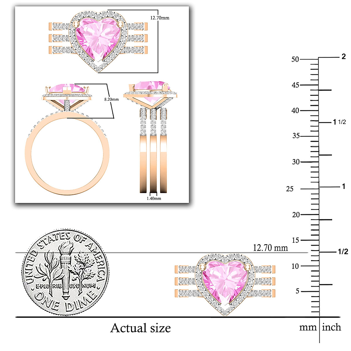Dazzlingrock Collection 9mm Heart Shaped Created Pink Sapphire & 0.63 CT Round Natural White Diamond Wedding Ring Set for Her in 18K Rose Gold, Size 9