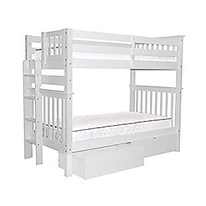 Bedz King Tall Bunk Beds Twin over Twin Mission Style with End Ladder and 2 Under Bed Drawers, White