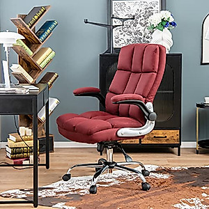 POWERSTONE Ergonomic Office Chair Big and Tall High-Back Executive Computer Desk Chair Upholstered Comfortable Swivel Home Office Chair with Flip-up Armrest Adjustable Tilt Angle 300 LBS (WineRed)