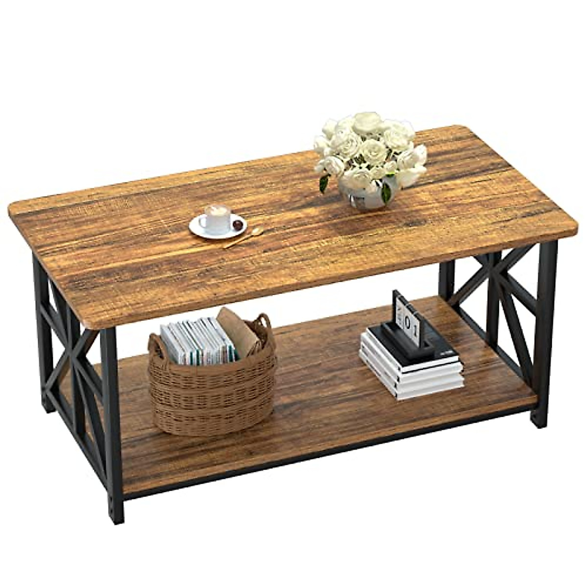 GreenForest Coffee Table with Round Corner, Farmhouse Center Table with 2-Tier Storage Shelf X-Frame Design for Living Room, 39 inch Walnut