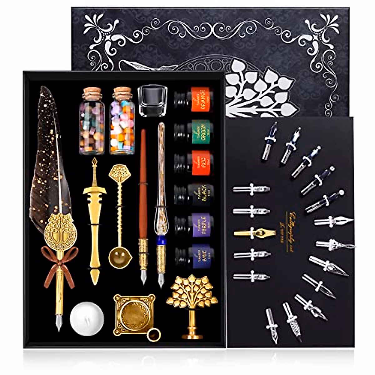 Quill Pen and Ink Set,Feather Dip pen with 6 bottles of ink,Antique Calligraphy Pen,Feather Writing Pen,Wooden Dip Pen,Glass Dip Pen,Wax Seal Stamp Kits Birthday&Christmas Gift for Men&Women(Gray)