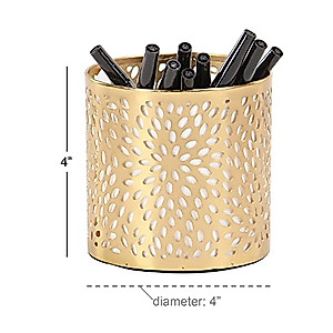 Deco 79 Metal Cylinder Pencil Cup with Laser Carved Floral Design, 4" x 4" x 4", Gold