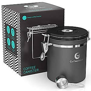 Coffee Gator Coffee Canister, Stainless Steel Airtight Coffee Containers for Ground Coffee with Date-Tracker, CO2-Release Valve, Measuring Scoop & Travel Jar - Medium, 16 oz, Gray