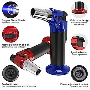 2 Pack Butane Torches Culinary Blow Torch Lighter, Refillable Kitchen Cooking Torch with Safety Lock Adjustable Flame for BBQ, Creme Brulee, Baking, Crafts (Butane Gas not Included) (Red/Blue)