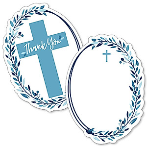 Big Dot of Happiness Blue Elegant Cross - Shaped Cards - Boy Religious Party Thank You Note with Envelopes - Set of 12