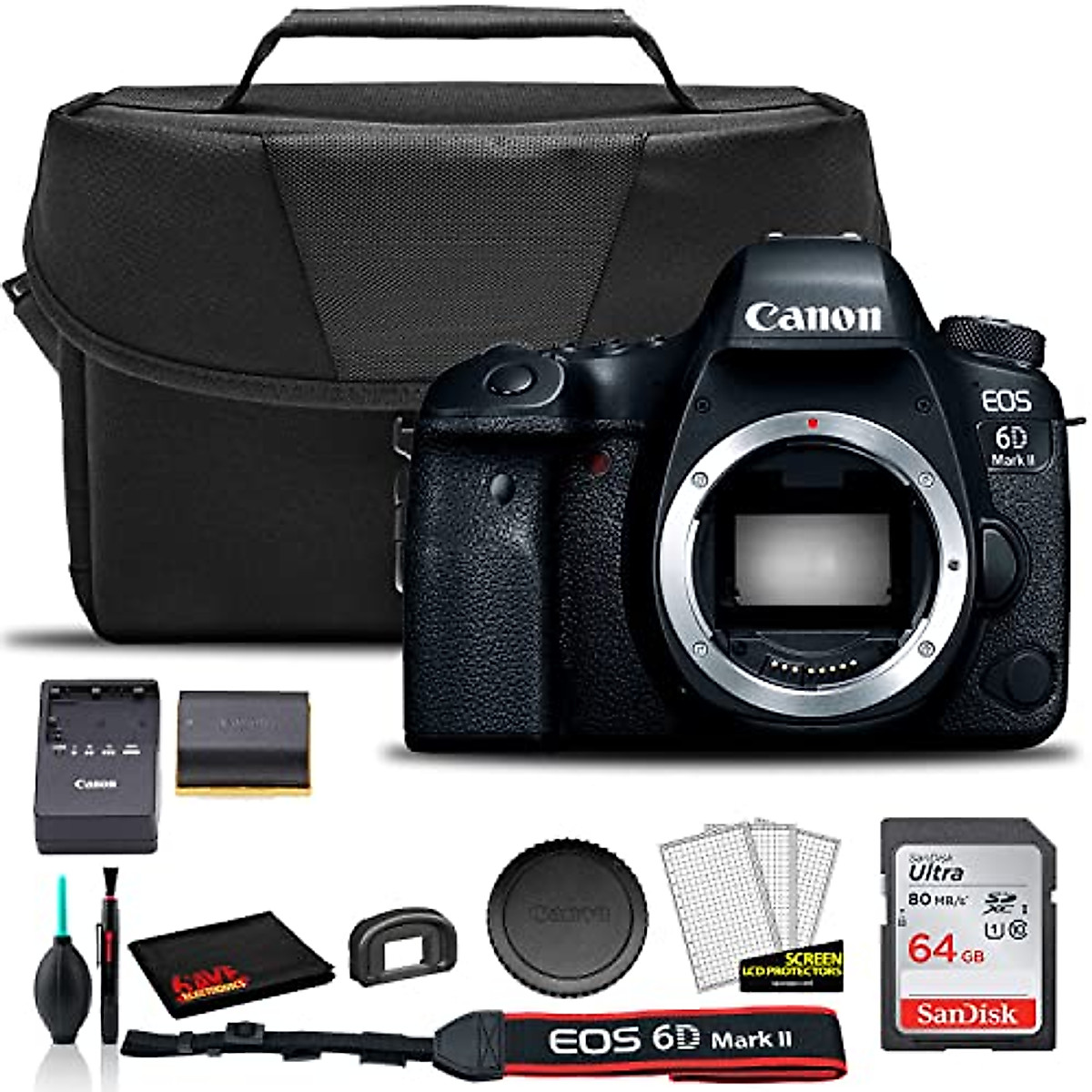 Canon EOS 6D Mark II DSLR Camera (Body Only) (1897C002), EOS Bag, Sandisk Ultra 64GB Card, Cleaning Set and More (Renewed)