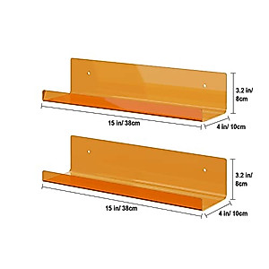 RRG 15 Inch Acrylic Floating Shelves, 2 Pack Kids Floating Bookshelf Wall Mounted Display Shelf for Books, Kids Room, Nursery, Bedroom, Bathroom, Living Room (Orange)