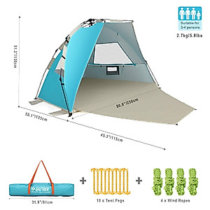 G4Free 3-4 Person Beach Tent Pop Up Shade, Lightweight UPF 50+ Beach Sun Shelter Family Size, Easy Setup and Portable Sun Shade Canopy Cabana(Lake-Blue)