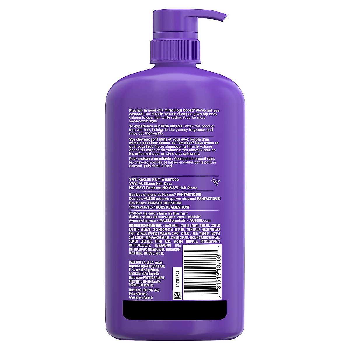 Aussie For Fine Hair Paraben-free Miracle Volume Shampoo With Plum & Bamboo, (Pack of 4)