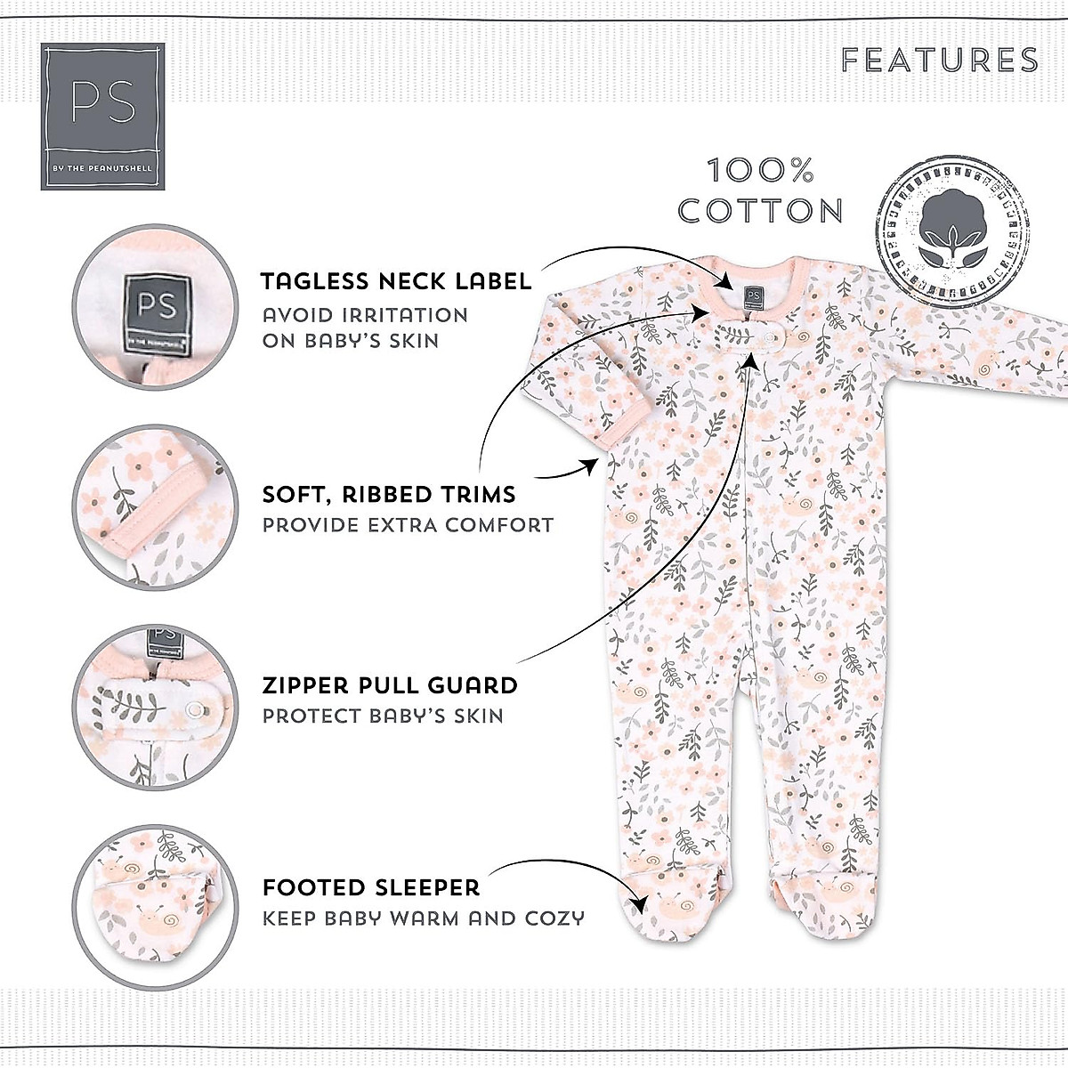 The Peanutshell Baby Sleepers for Girls Set of 3-0-3 Months Baby Clothes, Soft Cotton Girl Footed Pajamas, Newborns & Infants Clothes Gift Set - Flower Pink