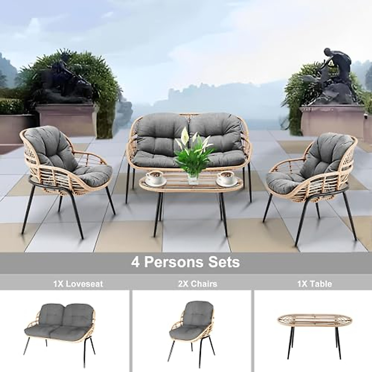 Urban Home Furniture Belize 4-Piece PE Natural Rattan Outdoor Conversation Set, 2 Single Chairs with Cushions, Loveseat with Cushions, Coffee Table with Glass Top, with Grey Cushions
