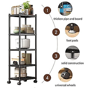 PXRACK 5 Tie Storage Shelves, Metal Heavy Duty Shelf for Storage with Wheels Adjustable Shelving Storage for Garage Bathroom Kitchen, Narrow Storage Racks Organizer Corner Shelf 12.2”*16.73”*59.45”