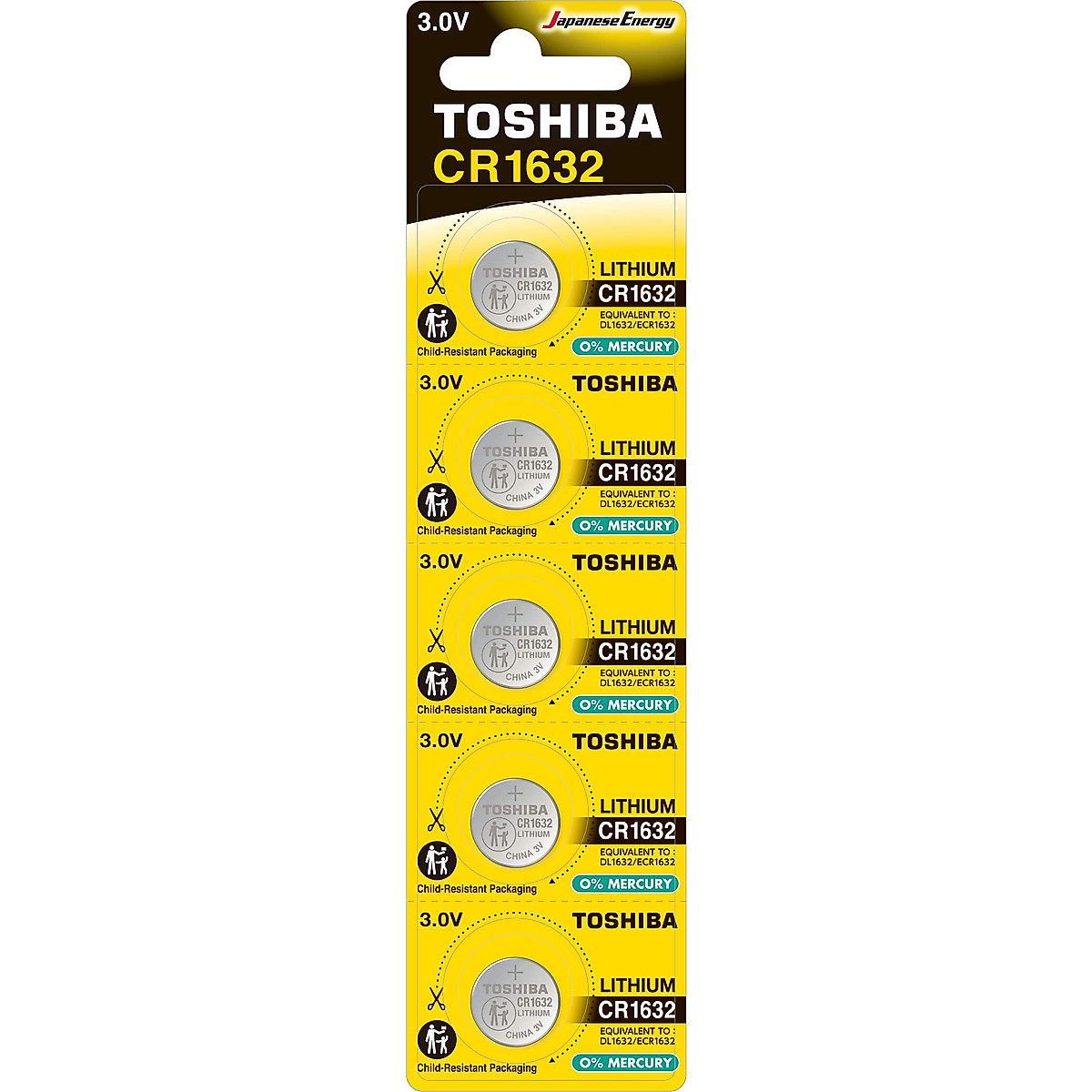TOSHIBA CR1632 3V Lithium Coin Cell Battery 5 Batteries Strip Child-Resistant Packaging