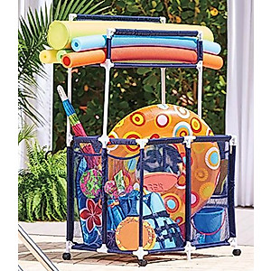 Pool Toy Storage Bin with Noodle Holder for Rafts Vests Balls Floaties Towels